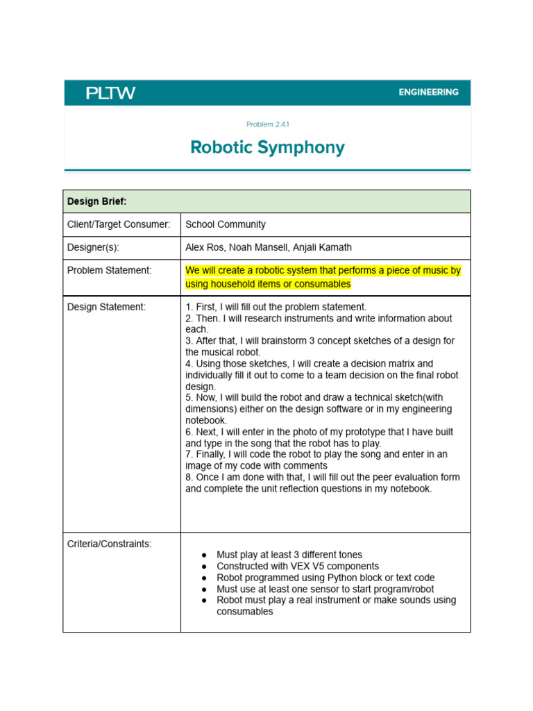 Musical Robot Design Project Guide | PDF | Robot | Robotics