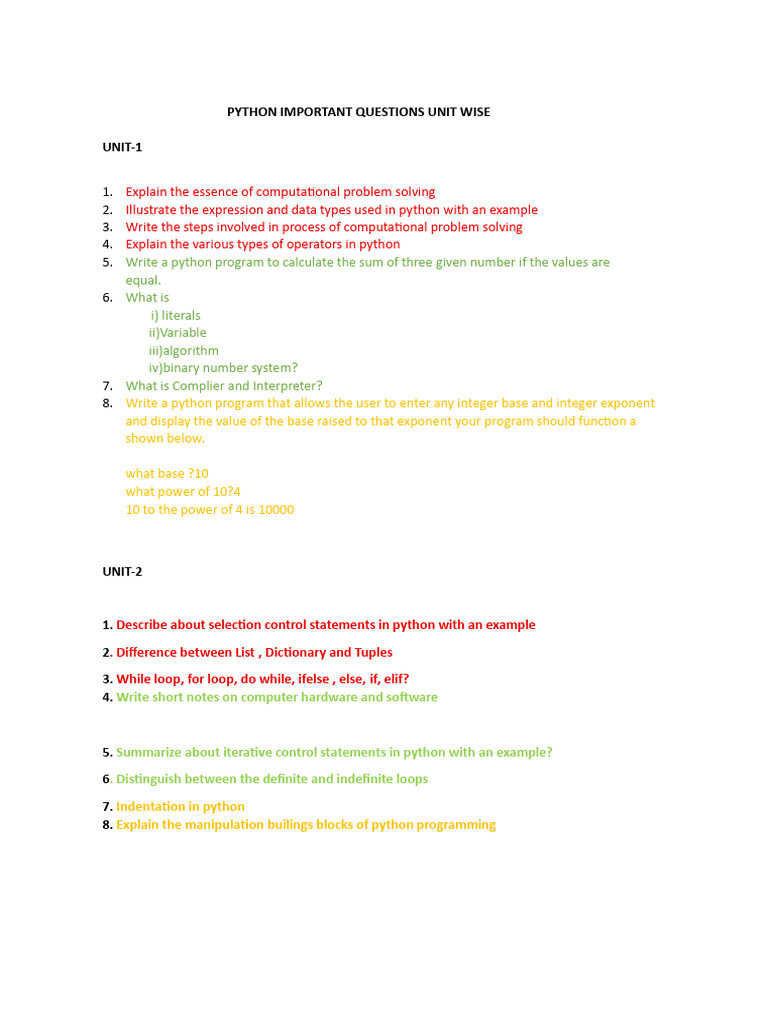 PYTHON IMPORTANT QUESTIONS UNIT WISE | PDF | Parameter (Computer Programming) | Python ...