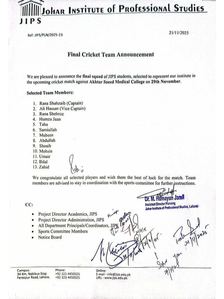 JIPS Cricket Team | PDF