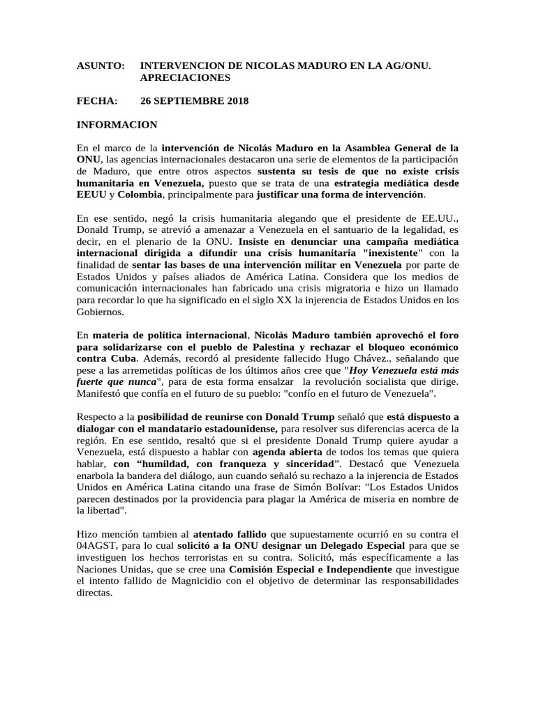 Apreciaciones Sobre Discurso de Nicolas Maduro Onu 2609-1 | PDF ...