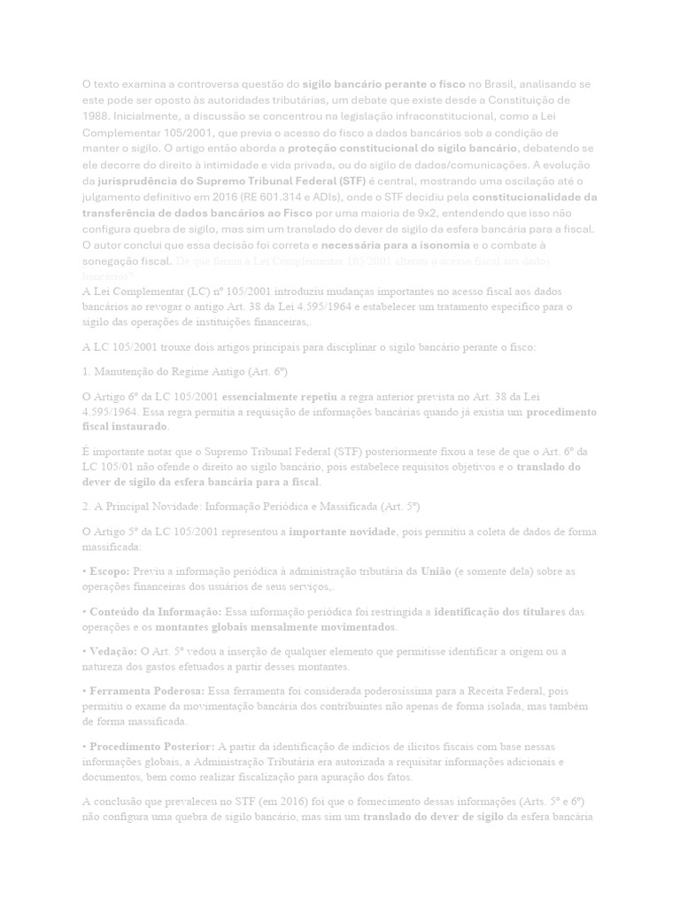 Sigilo Bancário e Fisco no Brasil: Análise da LC 105/2001 | PDF ...