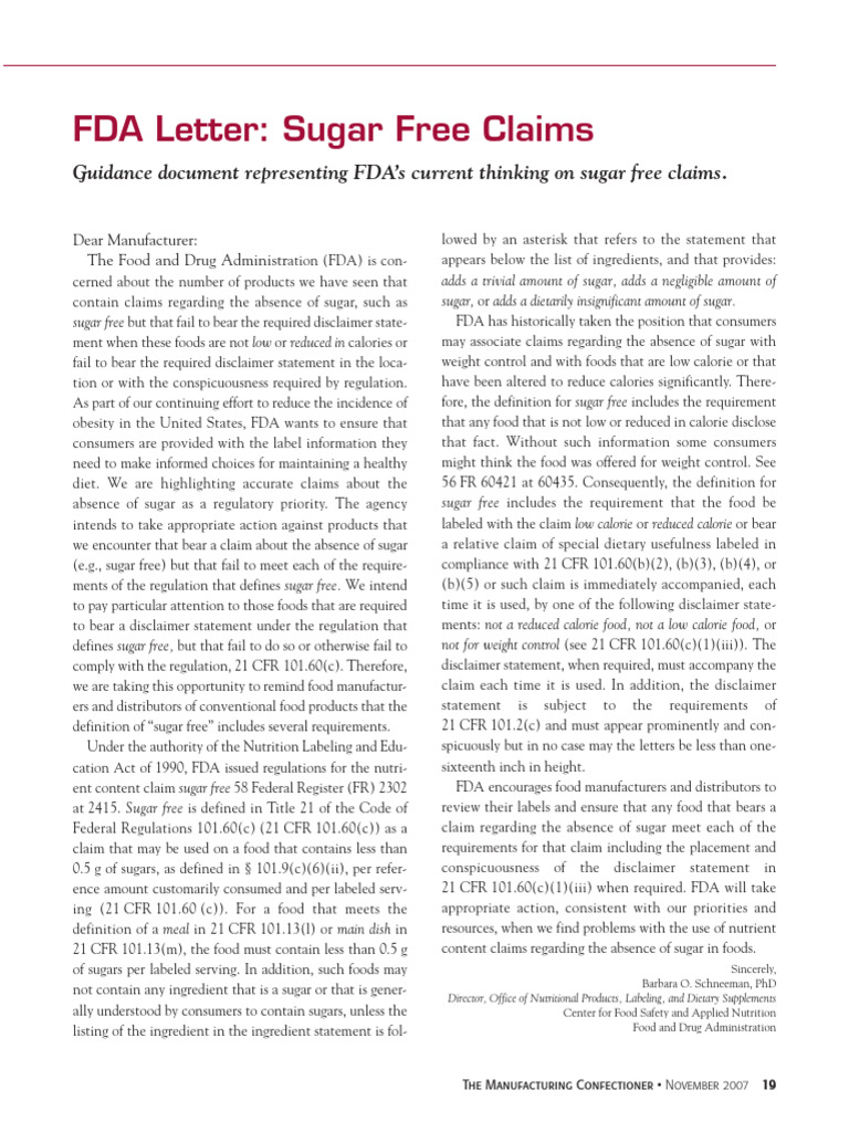 FDA Guidance on Sugar Free Claims | PDF | Food And Drug Administration ...