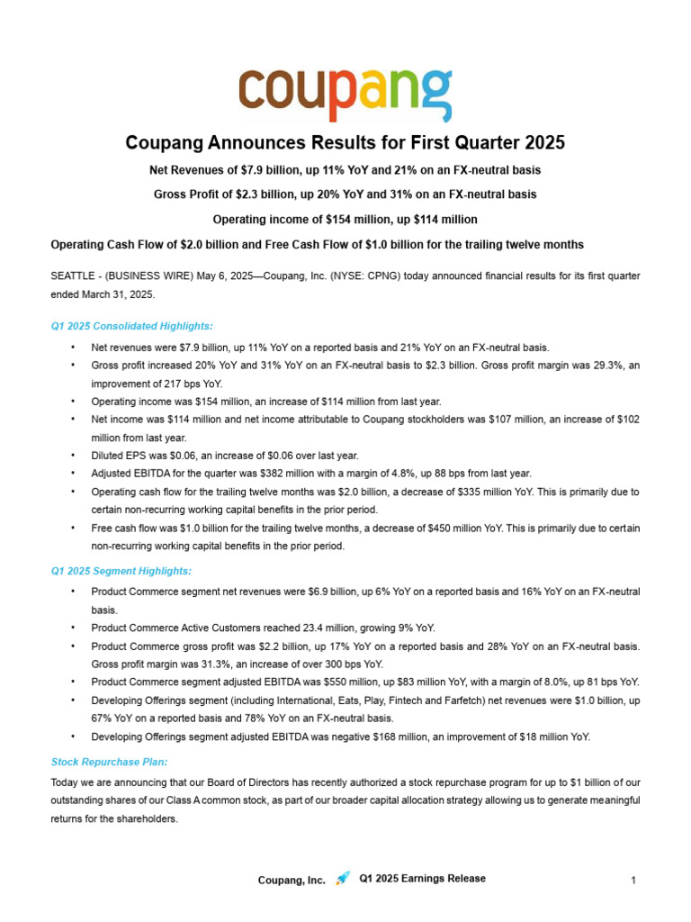Q1 2025 Earnings Release F | PDF | Equity (Finance) | Revenue
