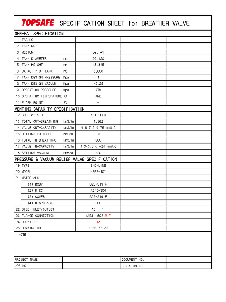 Breather Valve Specification Sheet | PDF | Valve | Pressure