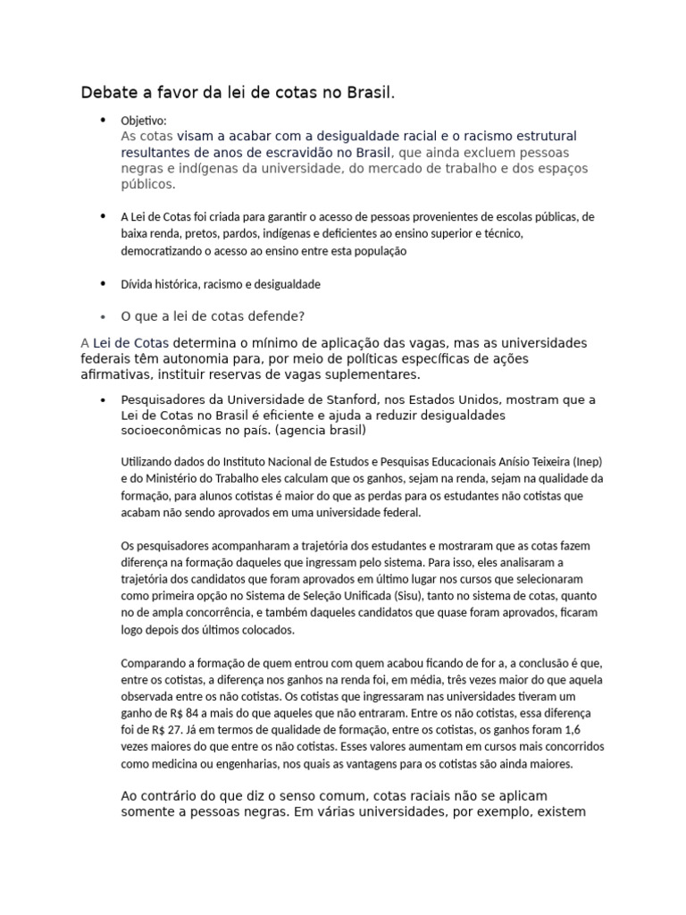 Lei de Cotas: Combate à Desigualdade Racial | PDF