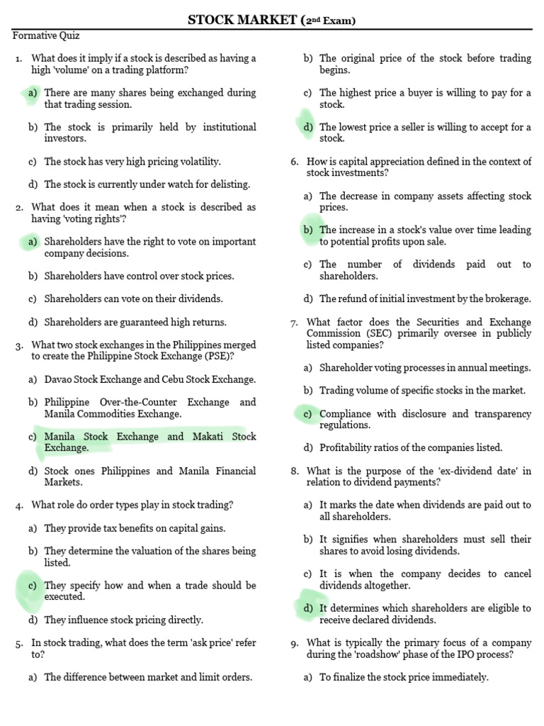 STOCK MARKET & ANALYSIS Questions Only | PDF | Stocks | Market Trend
