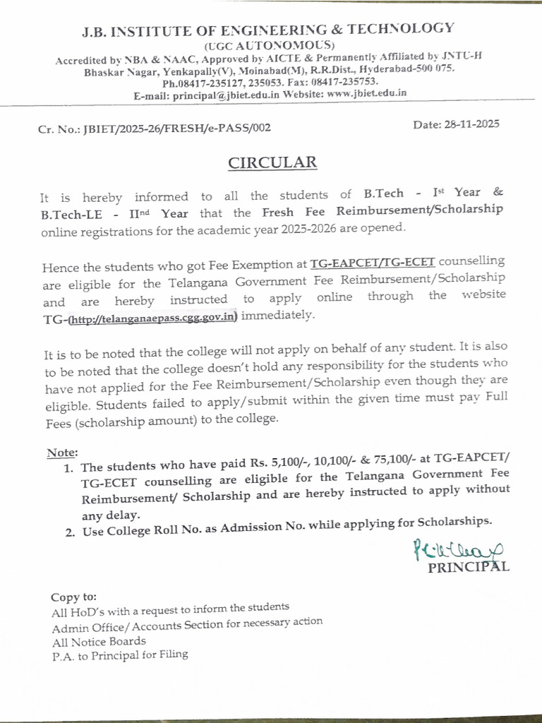 Jbiet - Scholarship Circular - 2 | PDF