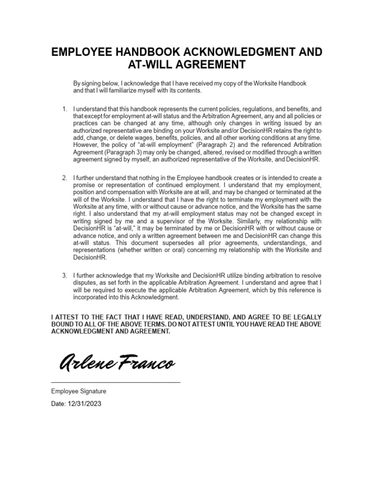 EE Handbook Acknowledgement and At-Will Agreement | PDF | At Will ...