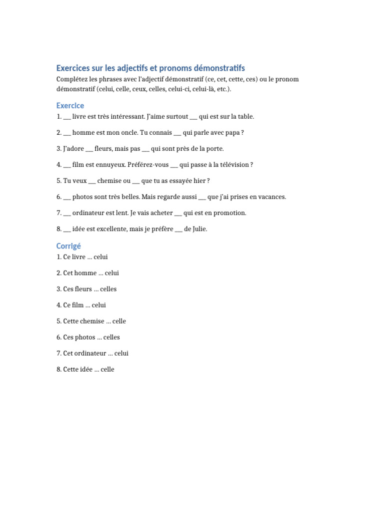 Exercices sur les adjectifs et pronoms démonstratifs | PDF