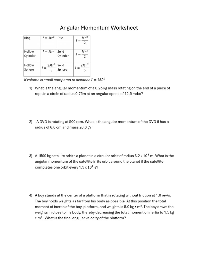 Angular Momentum Problems Worksheet | PDF | Angular Momentum | Rotation