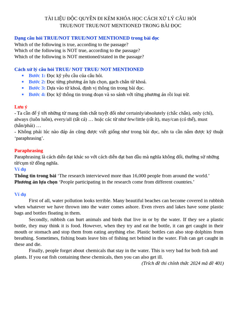 Bai 4 Cau Hoi True Not True Not Mentioned Trong Bai Doc FINAL | PDF ...