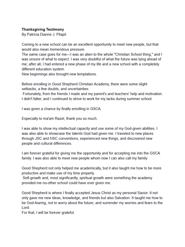 Thanksgiving Testimony | PDF | Theology | Christian Belief And Doctrine