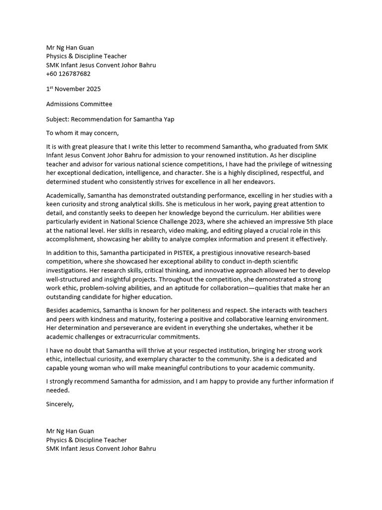 Recommendation Letter for Samantha Yap | PDF | Science | Cognition