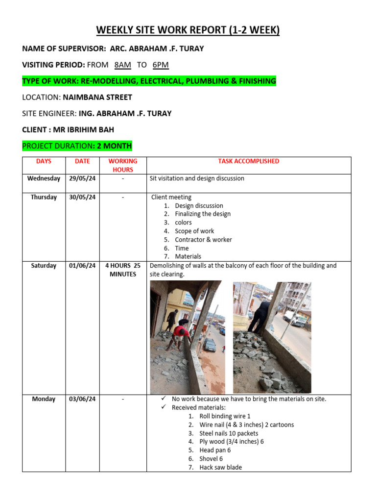 Weekly Site Work Report | PDF | Plumbing | Building Engineering