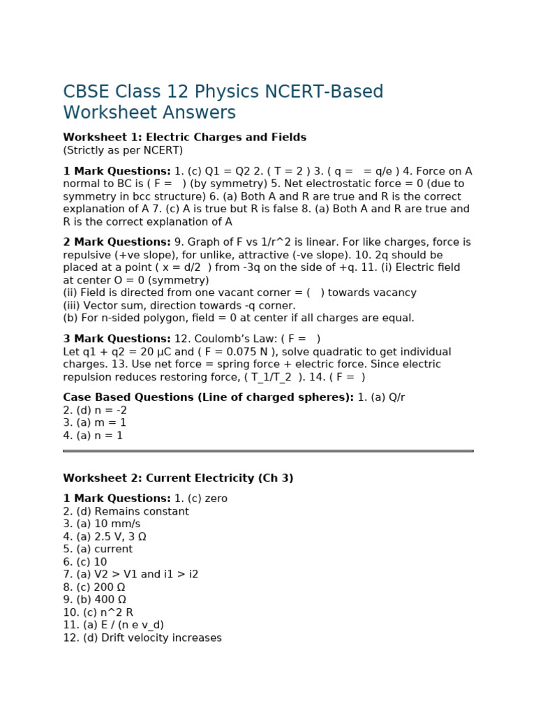 CBSE Class 12 Physics Worksheet Answers | PDF