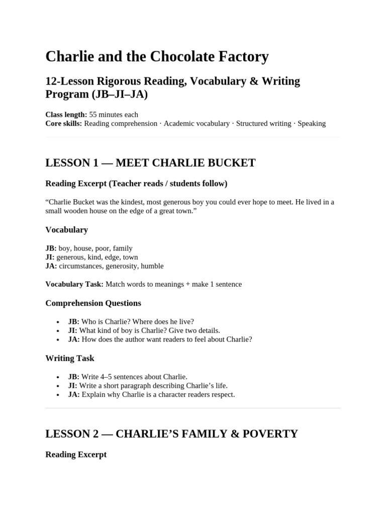 Charlie and the Chocolate Factory Lessons | PDF | Reading Comprehension