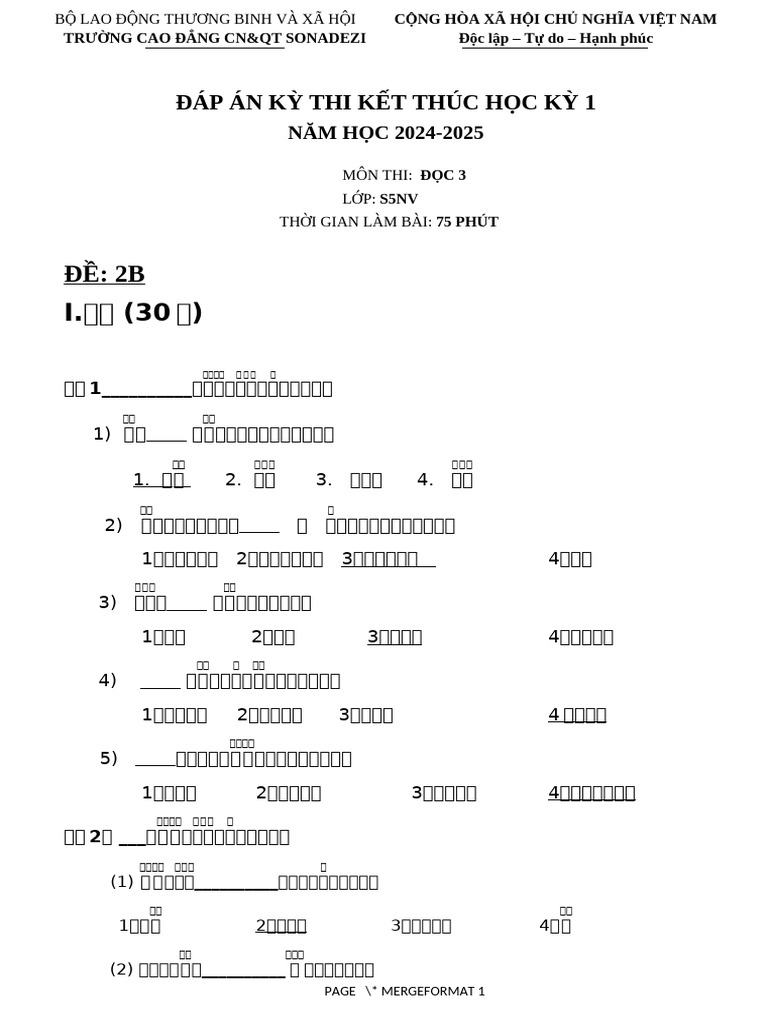 Đáp Án s5 Đọc 3 Đề 2b | PDF