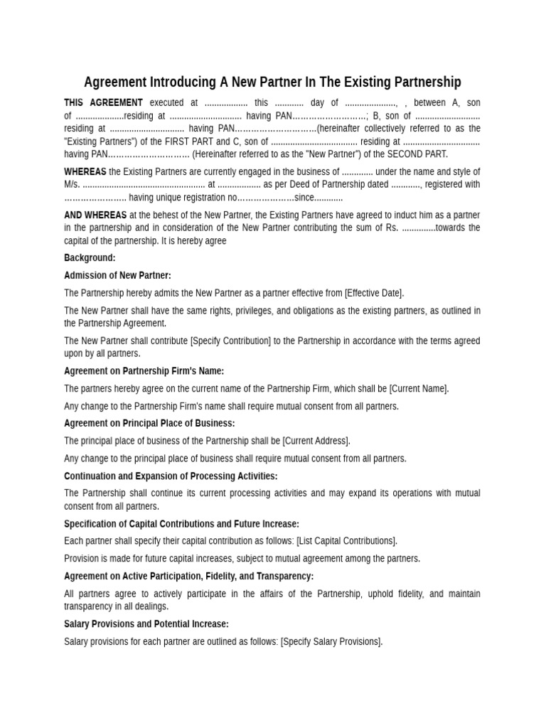 Agreement Introducing A New Partner in The Existing Partnership Format ...