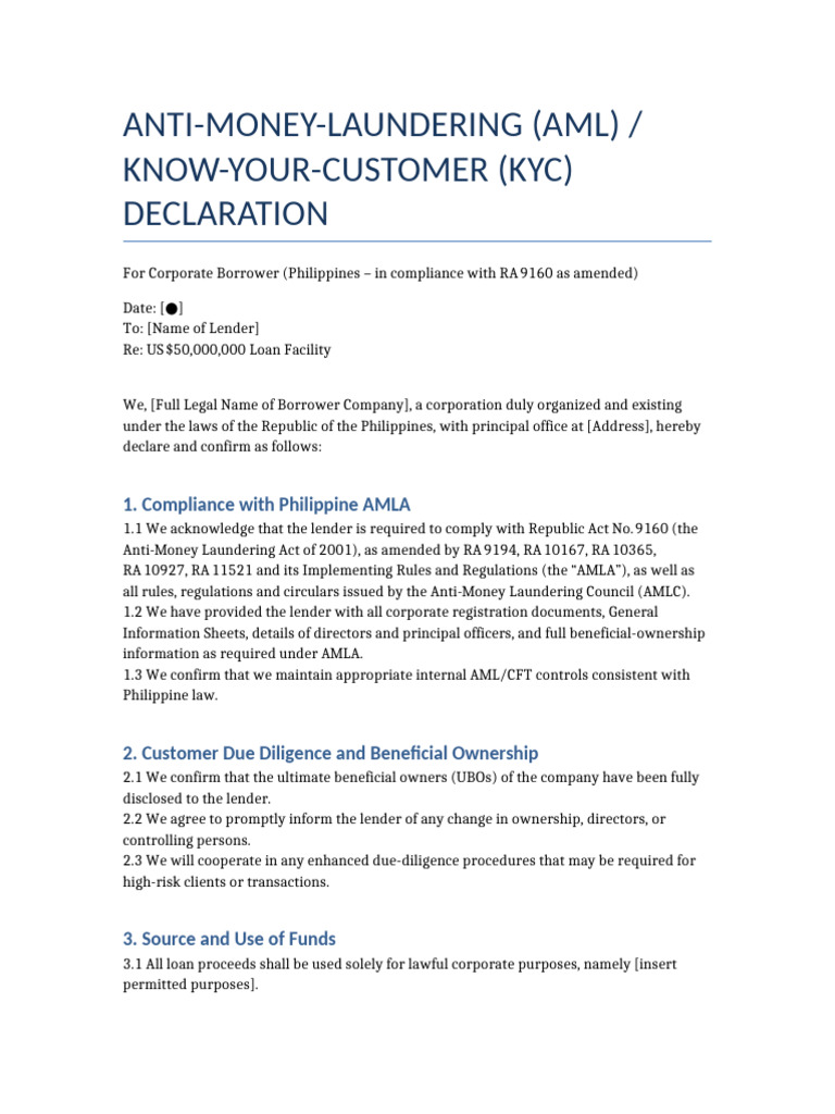 AML/KYC Declaration for Corporate Borrower | PDF | Financial Regulation ...