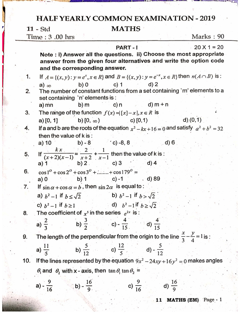 11th Maths EM Half Yearly Exam 2019 Original Question Paper English ...