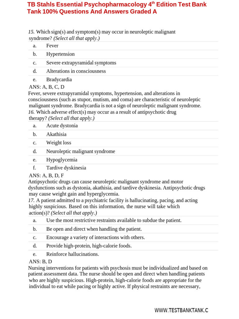 TB Stahls Essential Psychopharmacology 4th Edition Test Bank Tank 100% ...