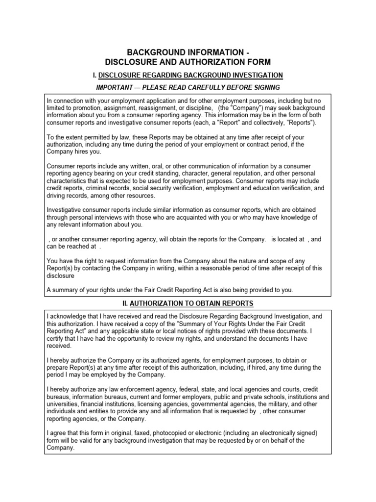 Background Disclosure and Authorization | PDF
