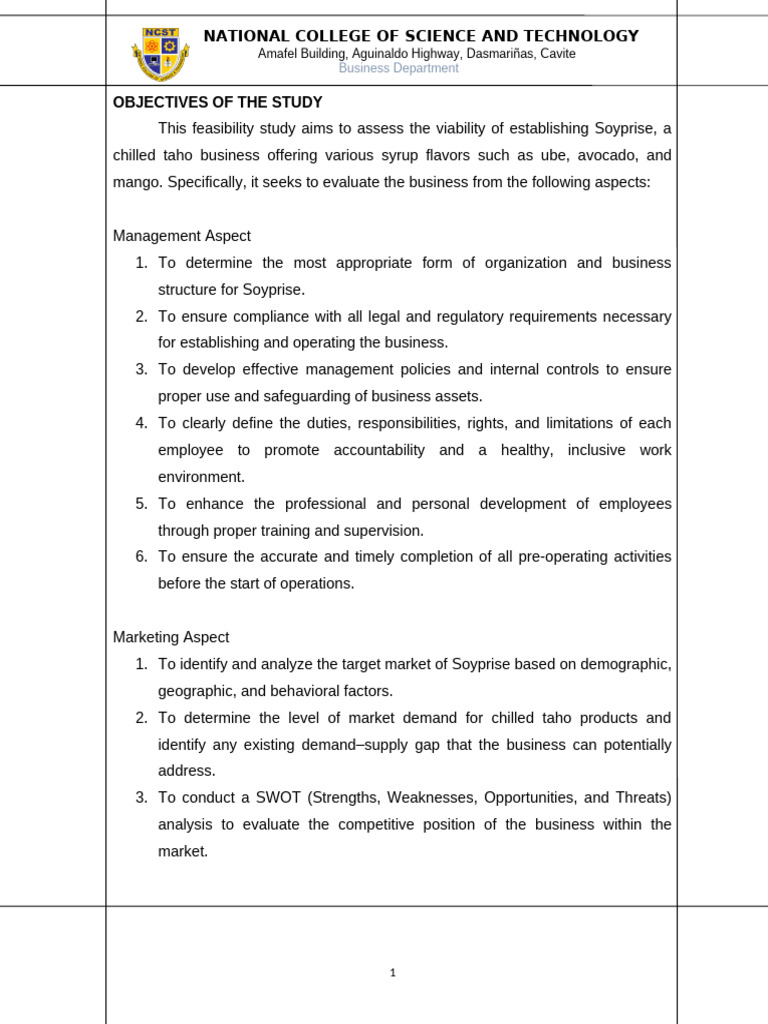 Feasibility Study for Soyprise Taho Business | PDF | Feasibility Study ...