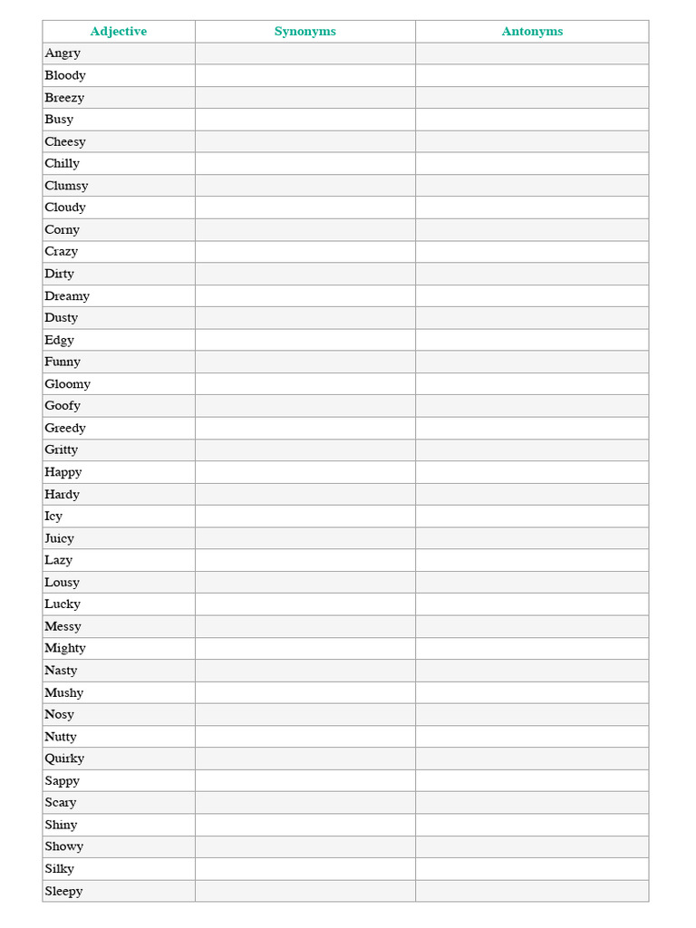 ADJECTIVES Y Antonyms Synonims | PDF