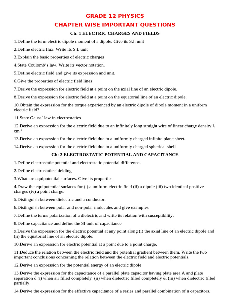 Grade 12 Physics: Key Chapter Questions | PDF | Inductance | Electric Field
