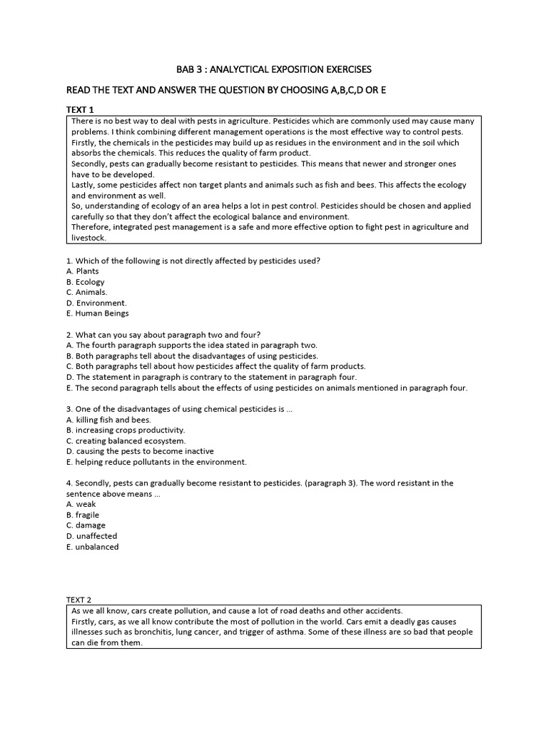 Analytical Exposition Exercises on Pests, Cars, and Reading | PDF ...