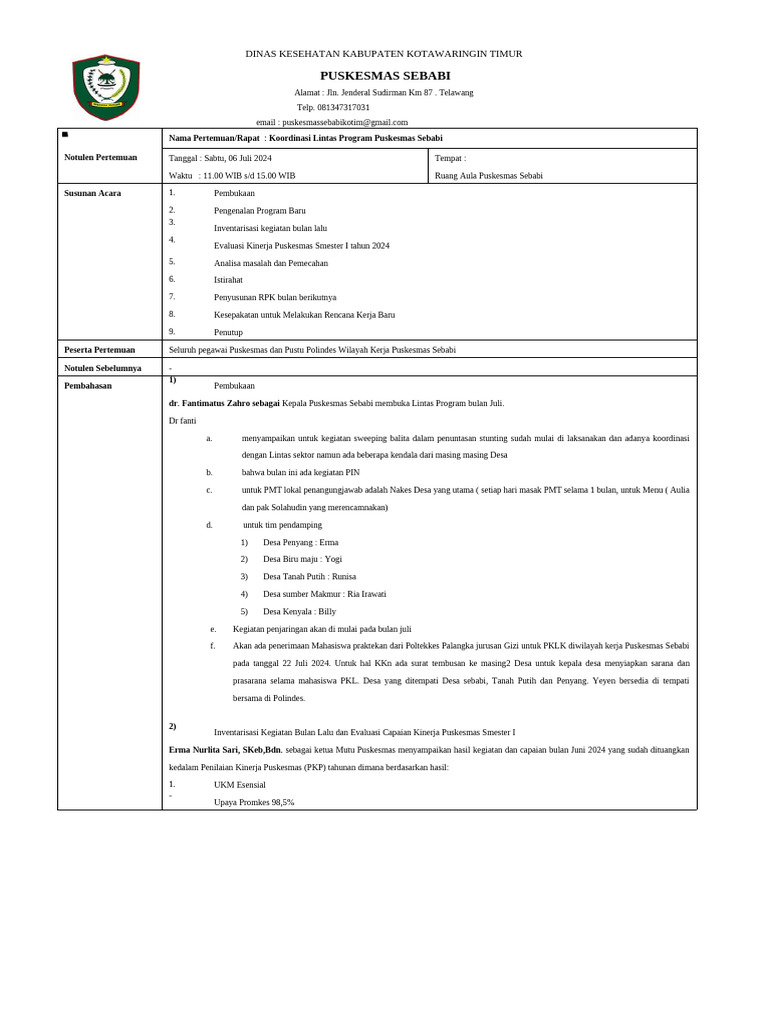 Koordinasi Program Puskesmas Sebabi Juli 2024 | PDF