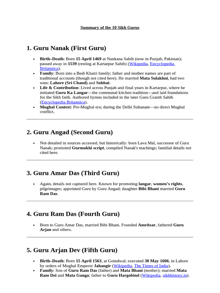 Overview of the 10 Sikh Gurus | PDF | Guru Granth Sahib | Indian ...