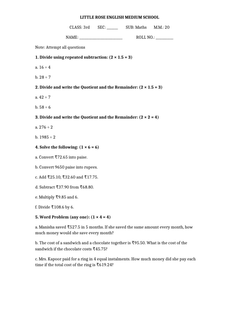Class 3 Maths Question Paper | PDF
