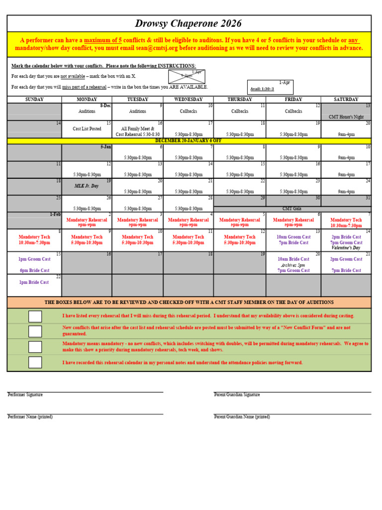Rehearsal Conflict Calendar 2026 | PDF