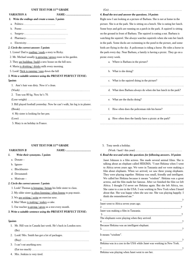 11th Grade Unit Test: English Skills | PDF