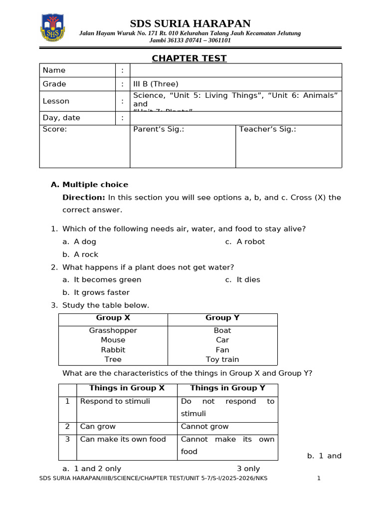 Science Chapter Test: Living Things | PDF | Biology | Organisms