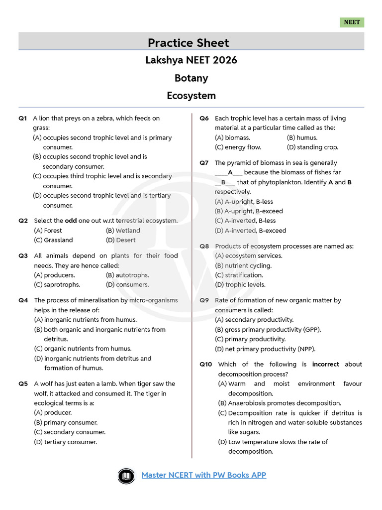 Ecosystem Practice Sheet Lakshya NEET 2026 | PDF | Ecosystem | Primary Production