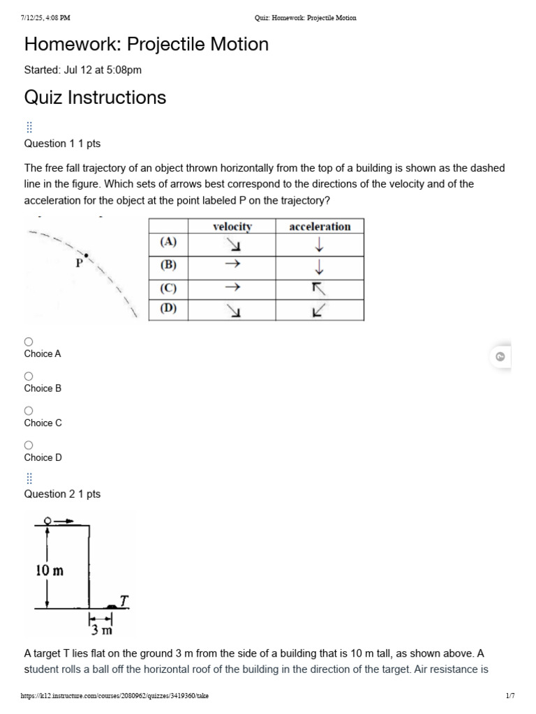 Quiz_ Homework_ Projectile Motion | PDF | Mechanics | Motion (Physics)