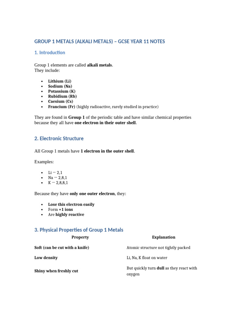 Group1 Metals Notes | PDF | Nature | Atoms