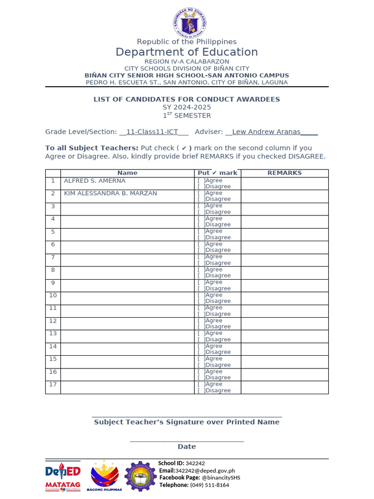 Conduct Awardee List Gr11 Class11 Ict SY24 25 1ST SEM | PDF
