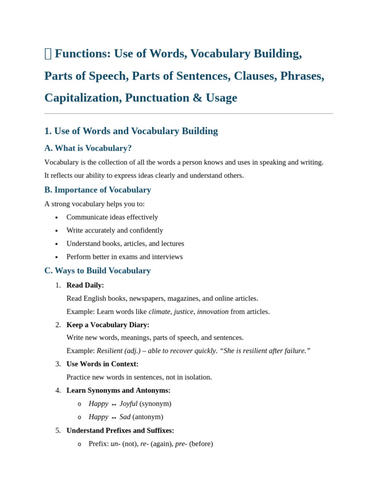 Functions Use of Words Vocabulary Building Parts of Speech Parts of ...