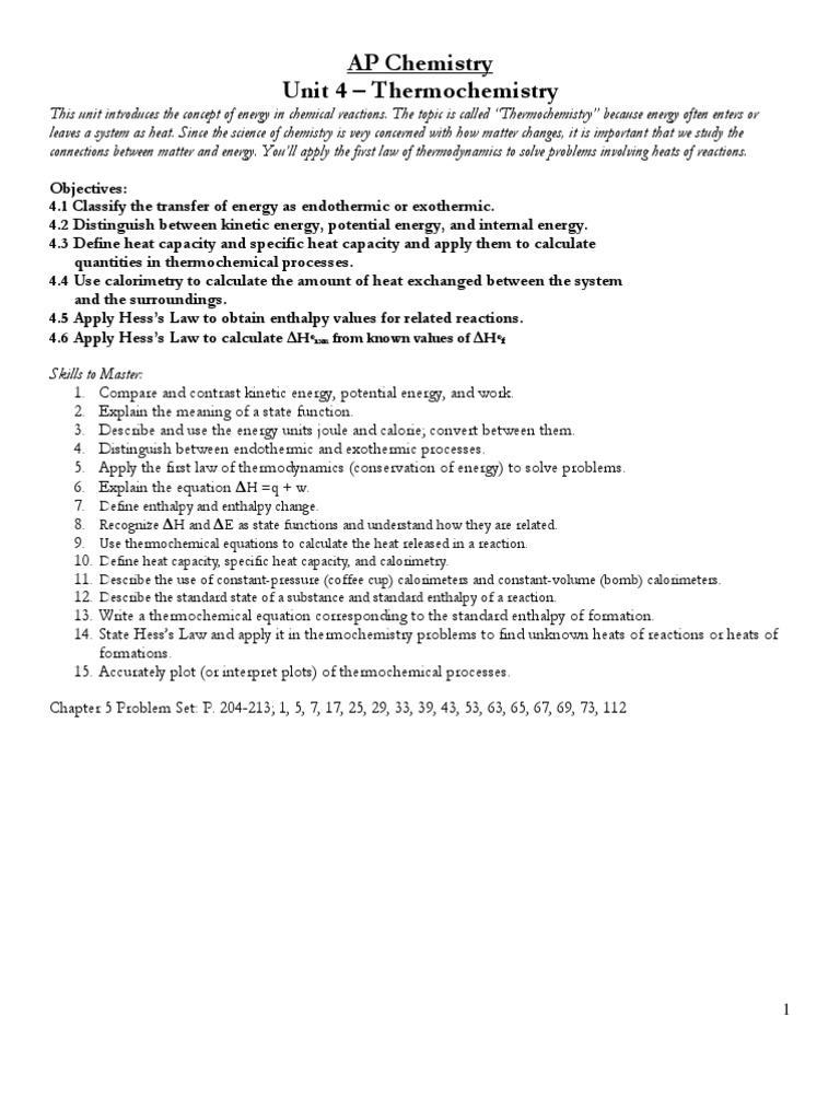 AP Chem Unit 4 Thermochem Student Packet | PDF | Heat | Calorimetry