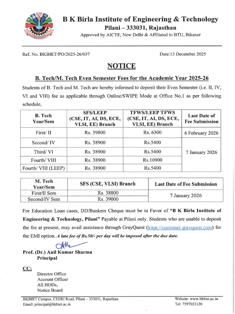 Even Sem Fee Notice | PDF