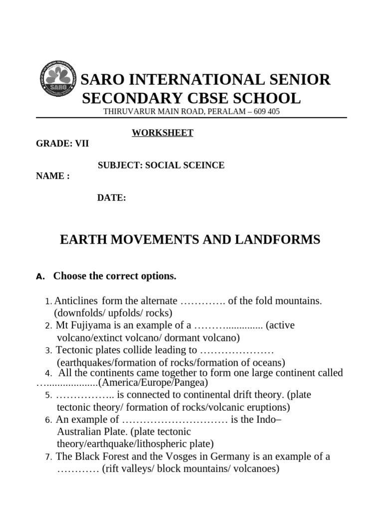 Earth Movements & Landforms Worksheet | PDF | Volcano | Plate Tectonics