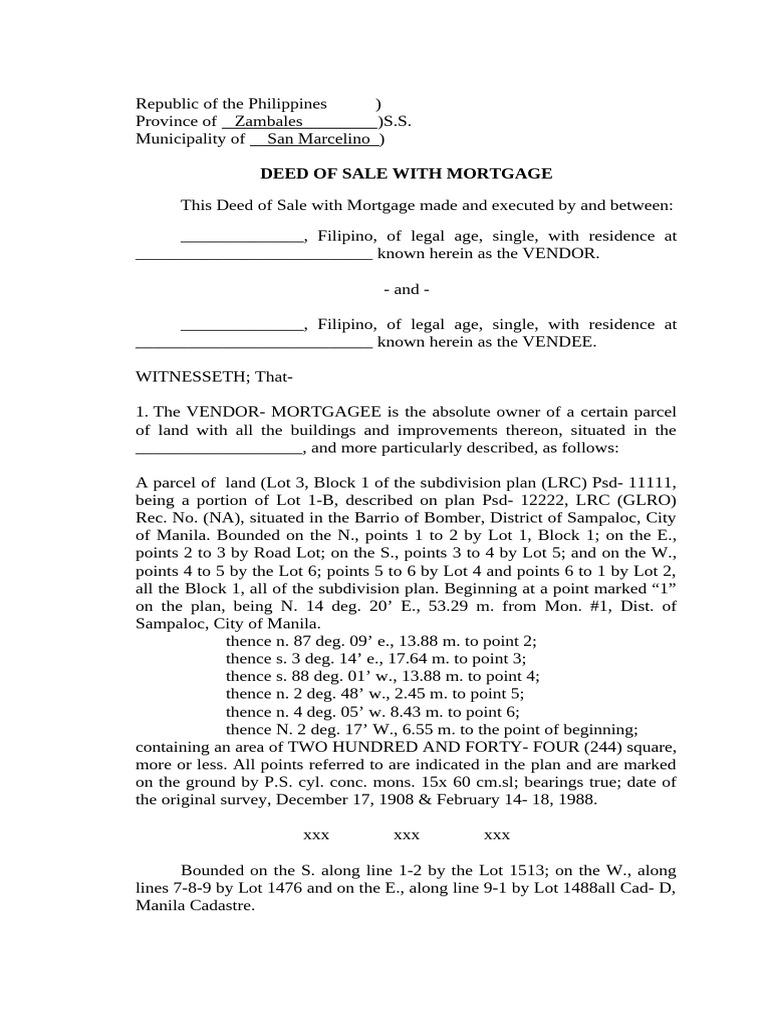 Deed of Sale With Mortgage | PDF | Mortgage Law | Debt