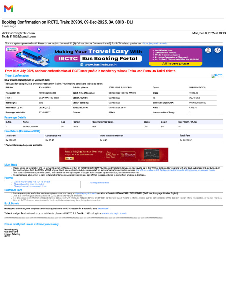 Gmail - Booking Confirmation on IRCTC, Train_ 20939, 09-Dec-2025, 3A ...