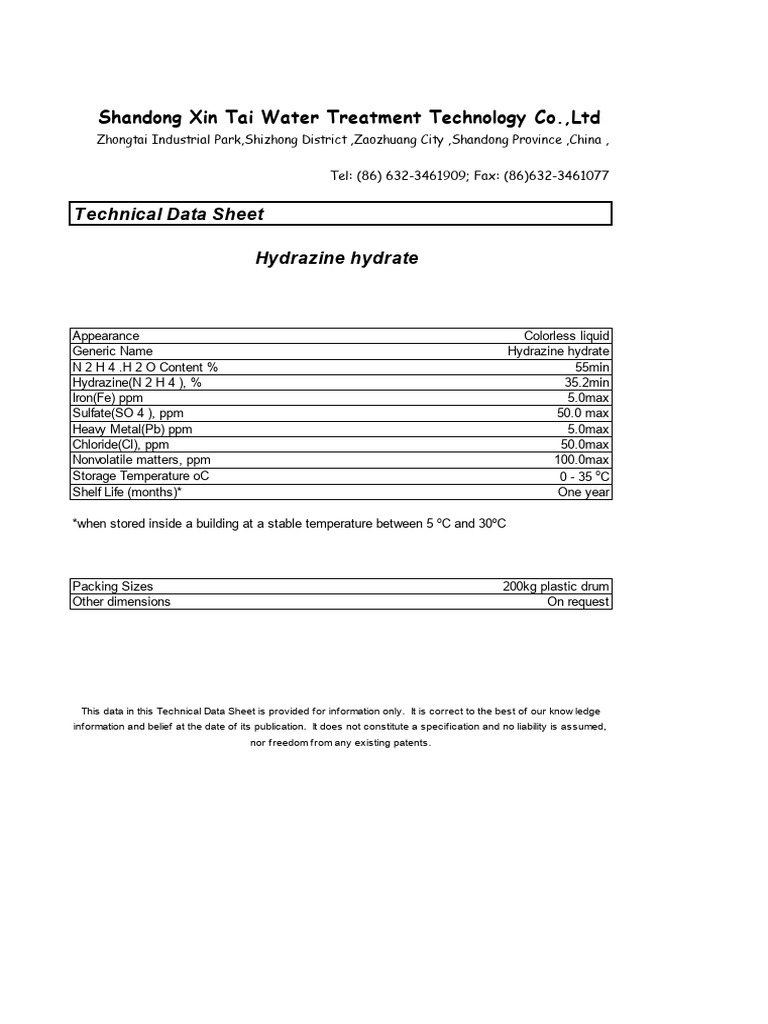 TDS Hydrazine Hydrate | PDF