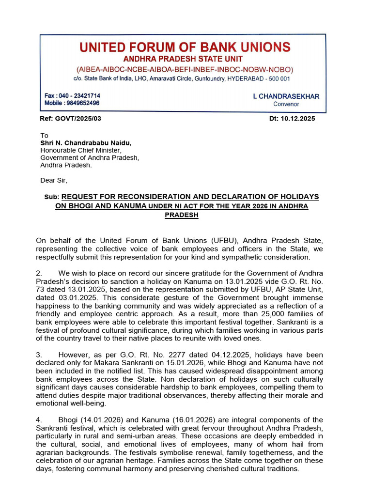 UFBU Ltr. 03 Dt 10.12.2025 - Chief Minister | PDF | Harvest
