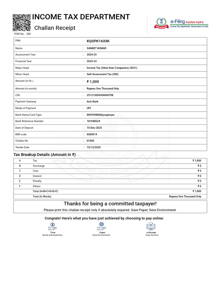Income Tax Self-Assessment Receipt | PDF | Taxation | Money
