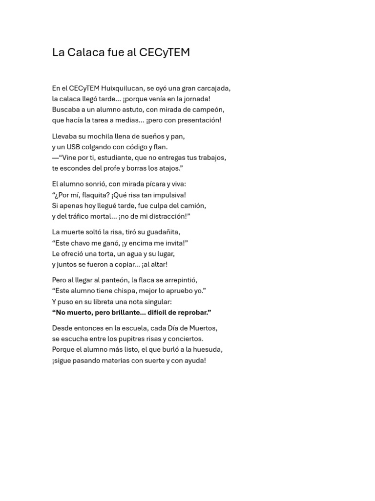 La Calaca y el Alumno Astuto en CECyTEM | PDF